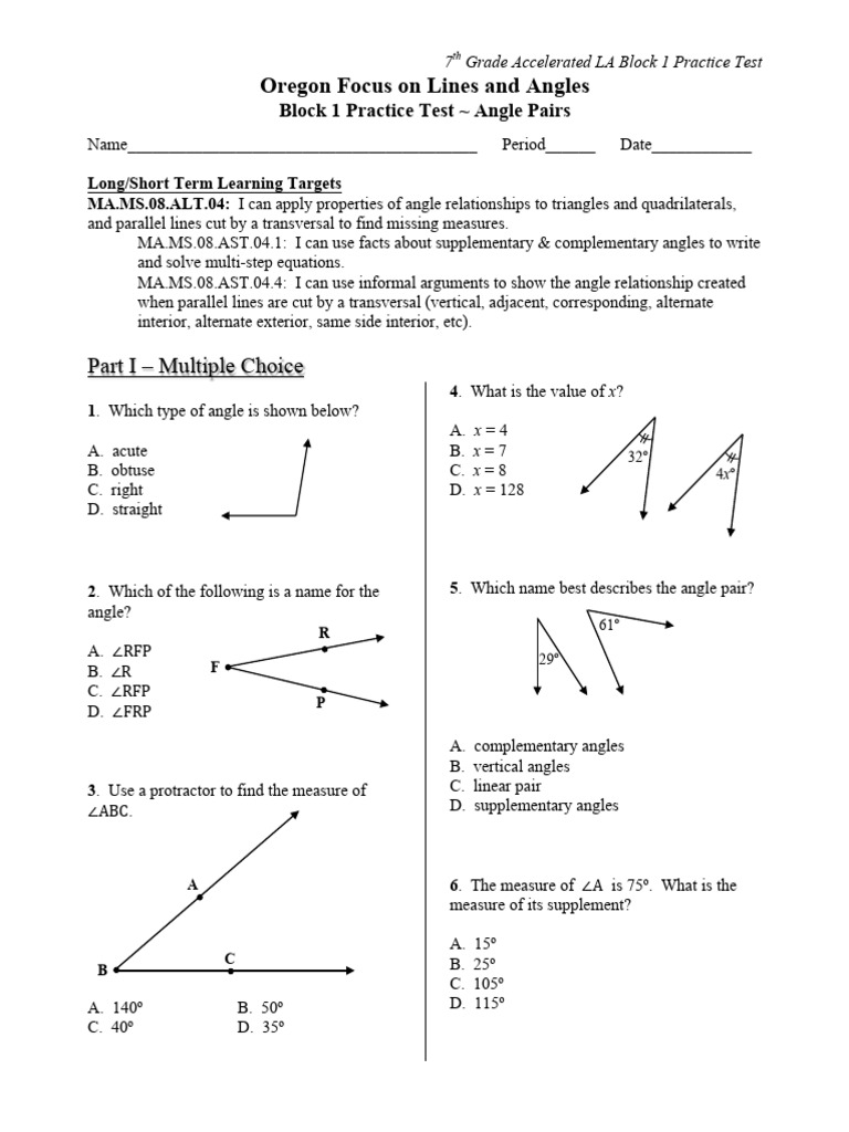 Angle Pairs - Practice - Test | PDF | Classical Geometry | Euclid
