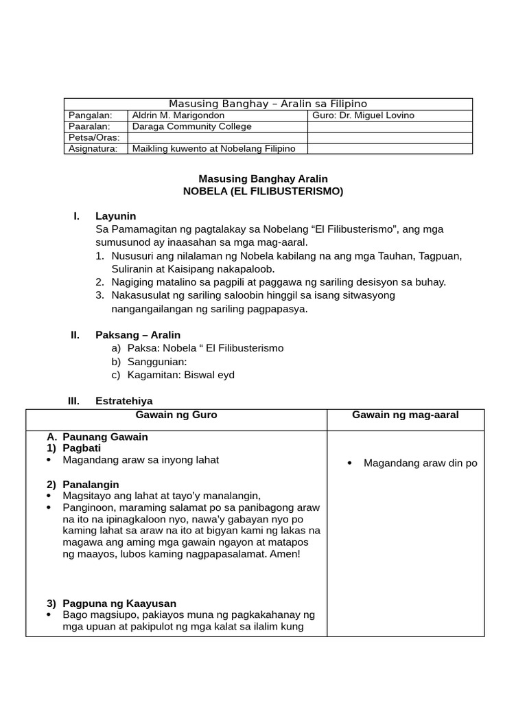 banghay aralin El Filibusterismo | PDF banghay aralin El Filibusterismo | PDF