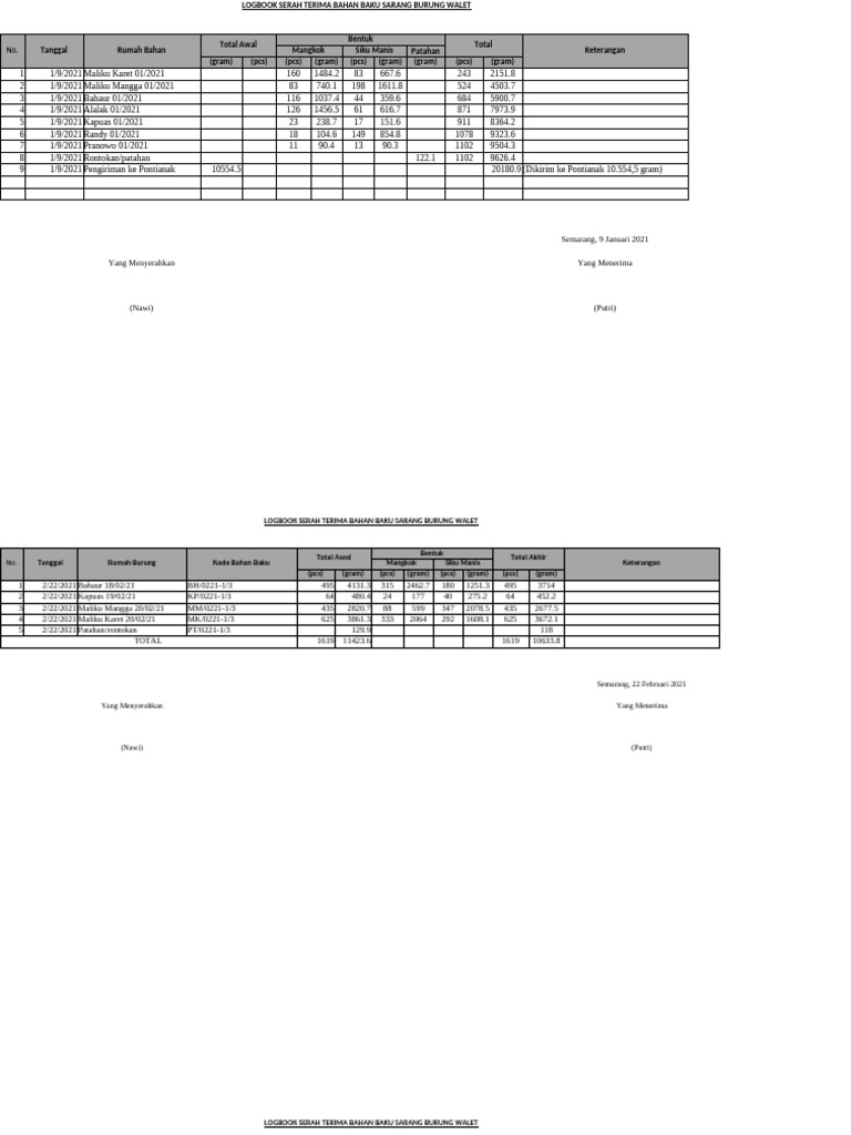 Form Logbook Serah Terima Bahan Baku | PDF
