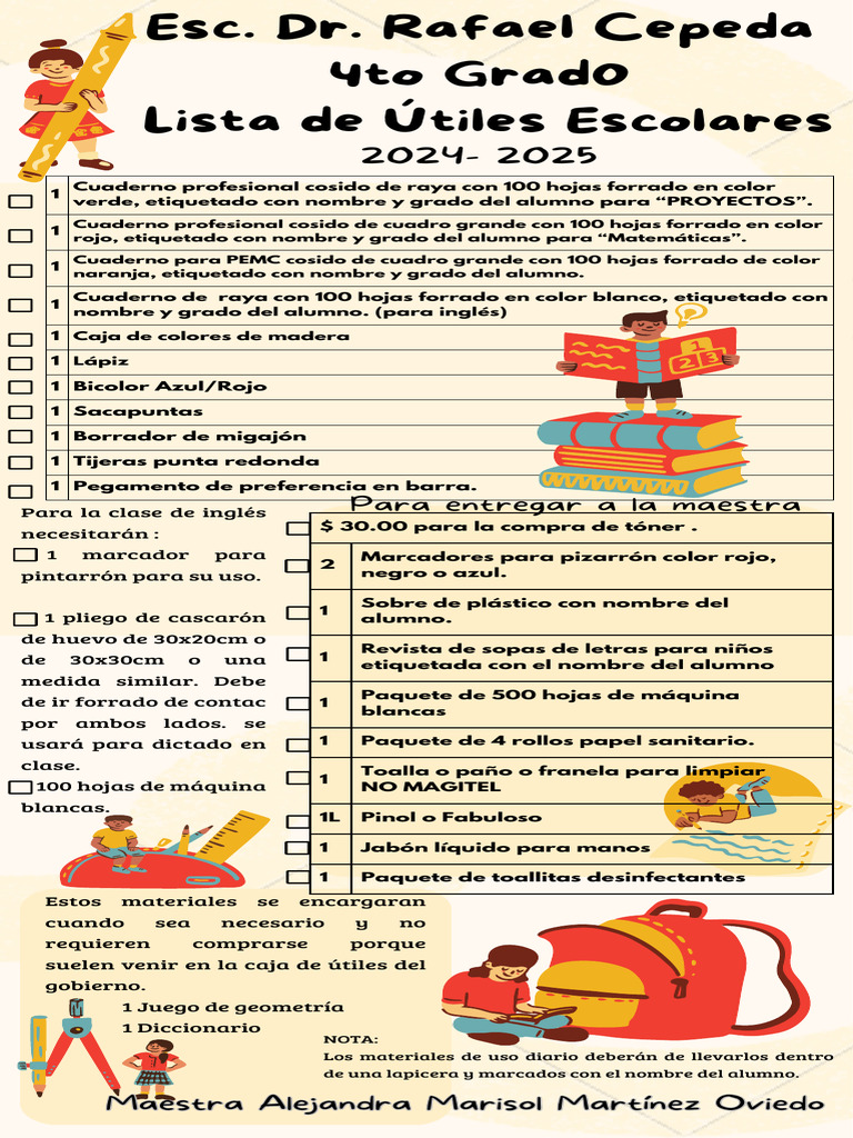 Lista de Materiales Escolares Cuarto Grado | PDF