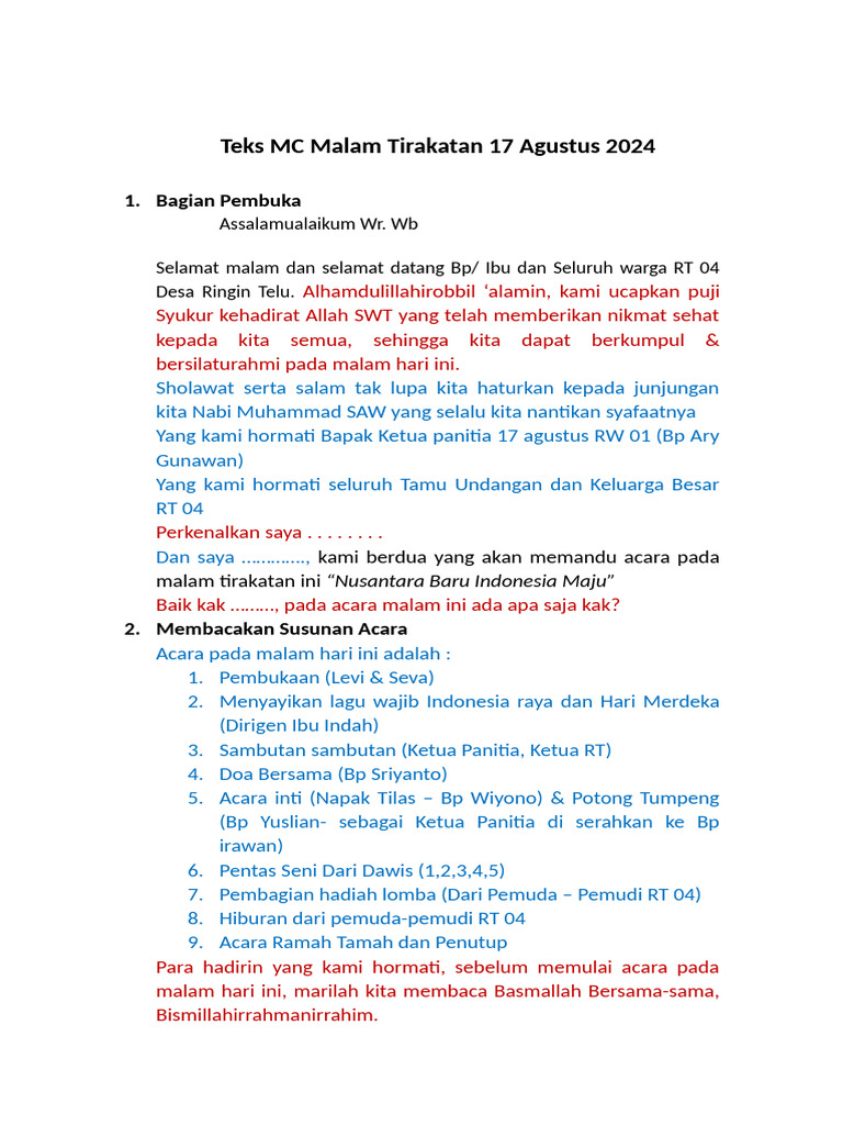 Teks MC Malam Tirakatan 17 Agustus 2024: 1. Bagian Pembuka | PDF