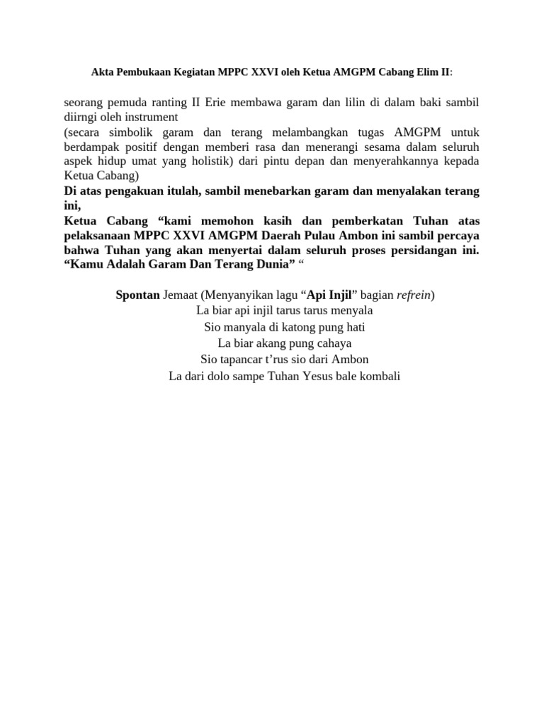 Akta Pembukaan Kegiatan MPPC XXVI Oleh Ketua AMGPM Cabang Elim II | PDF