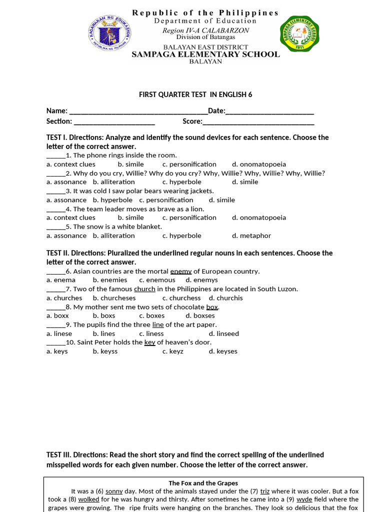 1st Quarter Test in English 6 With Tos Key To Correction | PDF ...
