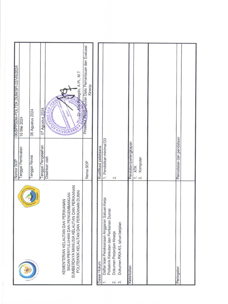 SOP Prosedur Pengumpulan Data Pemantauan Dan Evaluasi Kinerja | PDF