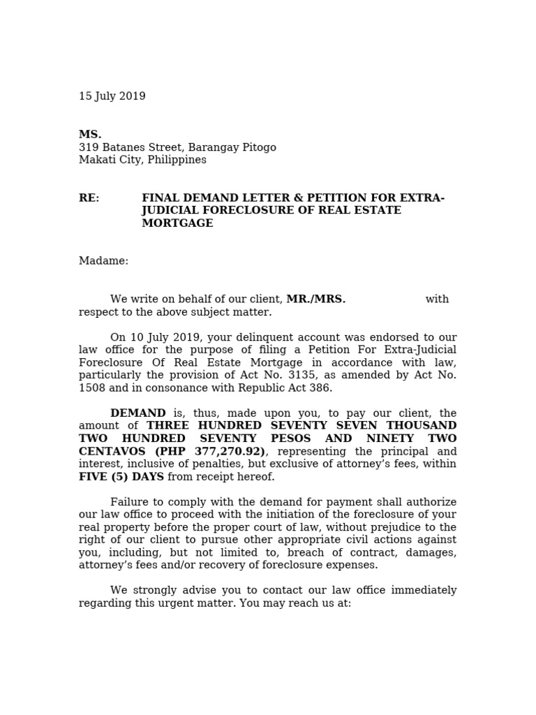 Foreclosure Demand Letter Template | PDF