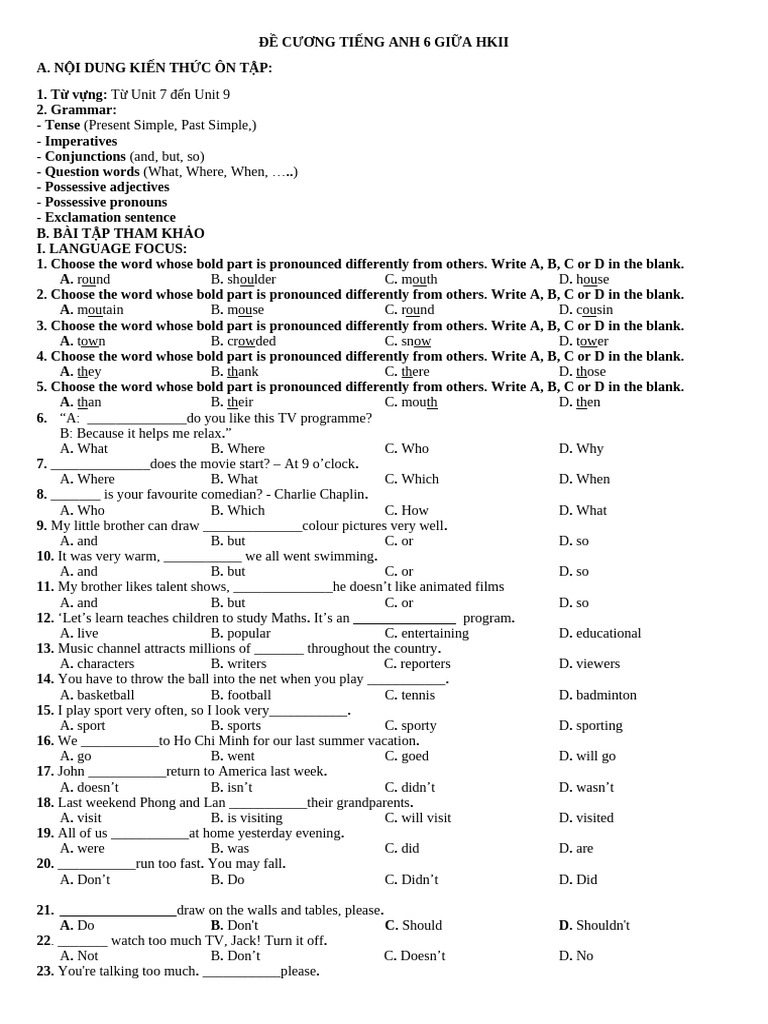 Đề Cương Tiếng Anh 6 Giữa Hkii | PDF