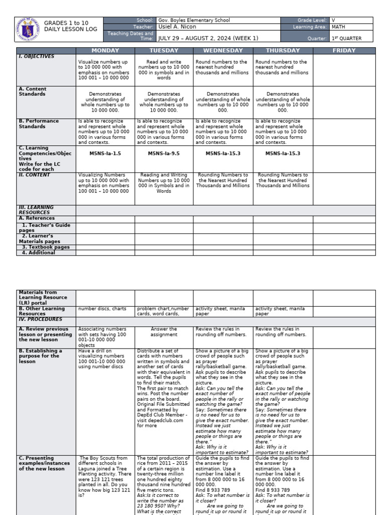 DLL Math-5 Q1 W1 | PDF
