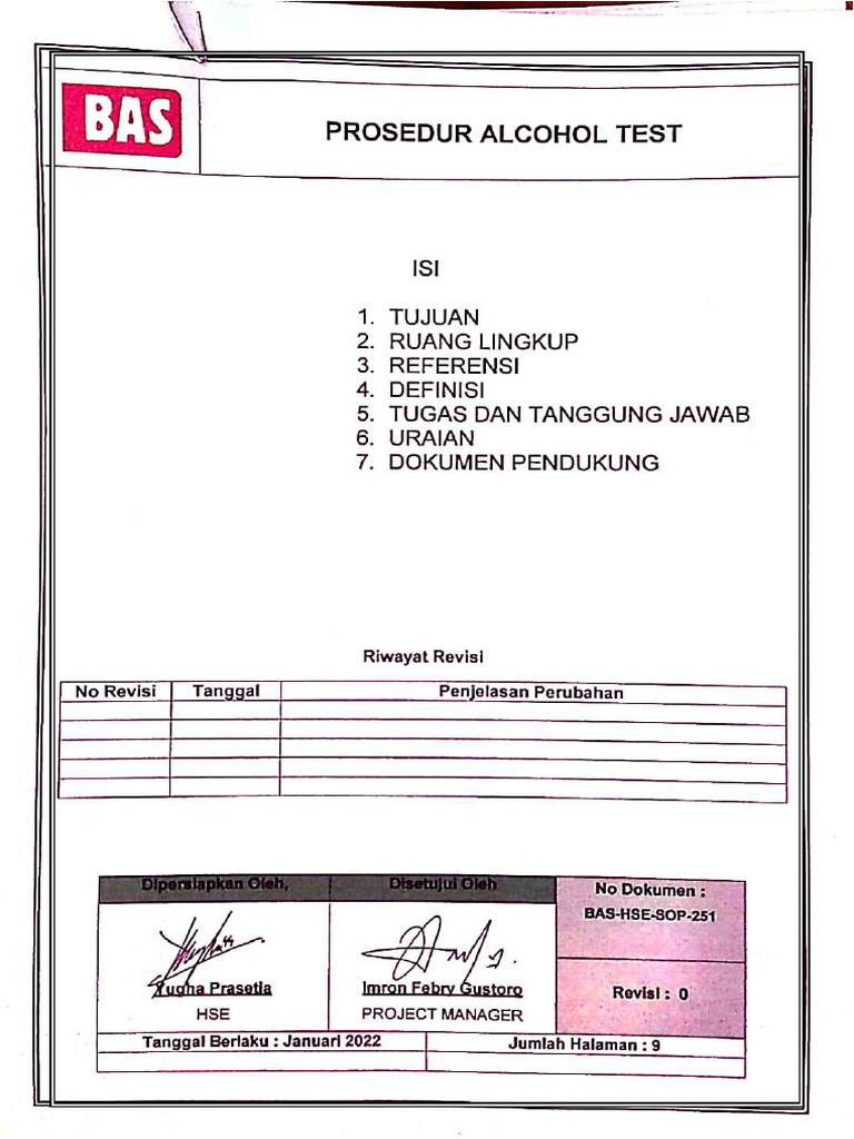 Bas-Hse-Sop-251 Prosedur Alcohol Test | PDF