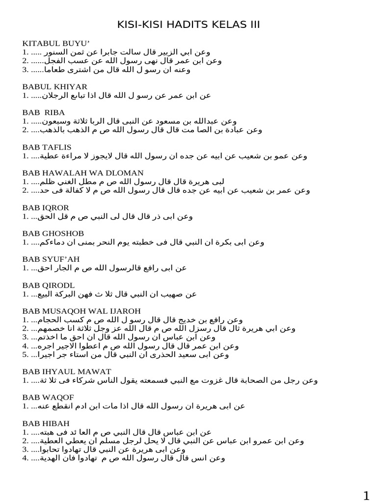 Kisi-Kisi Hadits Kls 3 | PDF