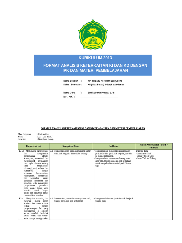 Analisis Keterkaitan KI Dan KD Dengan IPK Dan Materi Pembelajaran | PDF