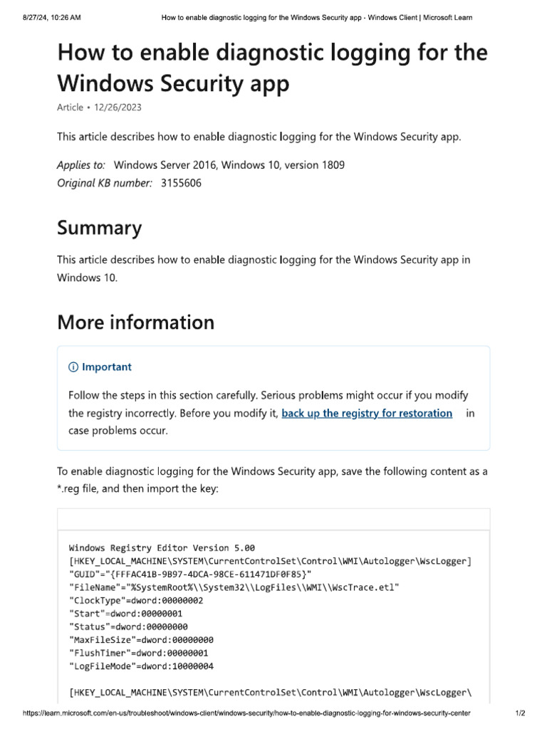 How To Enable Diagnostic Logging For The Windows Security App | PDF