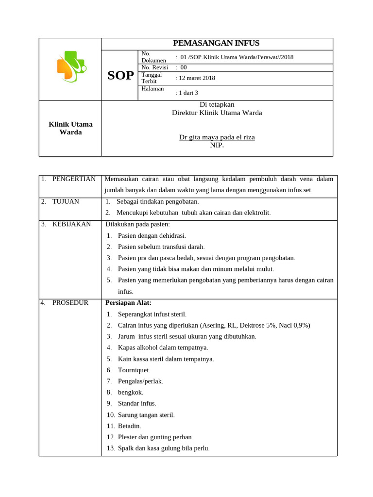 SOP - PEMASANGAN - INFUS Cop Klinik | PDF