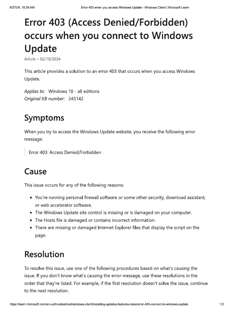 Error 403 Access Denied Forbidden Occurs When You Connect To Windows Update | PDF