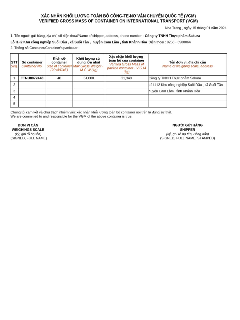 Xác Nhận Khối Lượng Toàn Bộ Công-Te-Nơ Vận Chuyển Quốc Tế (Vgm ...