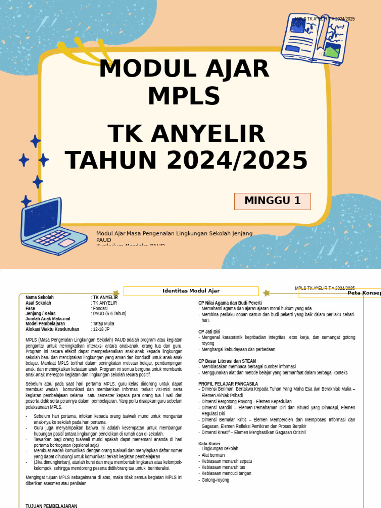 RPP Modul Ajar Mpls 2024-2025 - Minggu 1 TK Anyelir | PDF