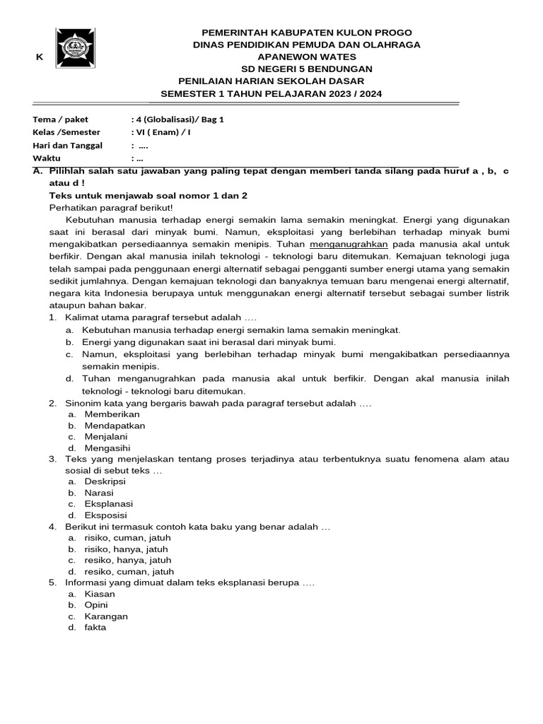 Soal PH Tema 4 Bag 1 | PDF