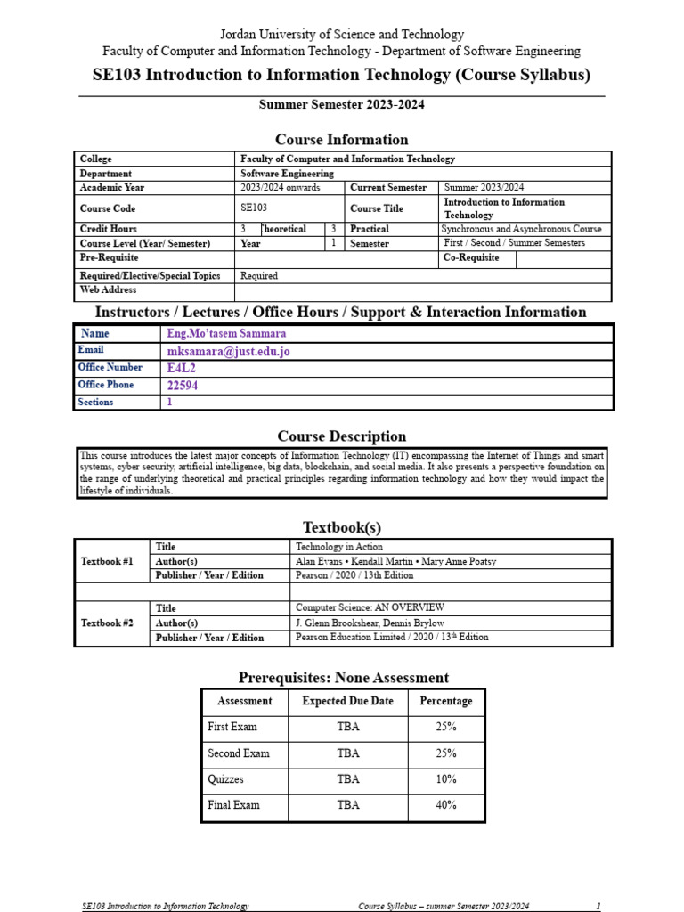 SE103 IT Course Syllabus 2023-2024 | PDF | Information Technology | Art
