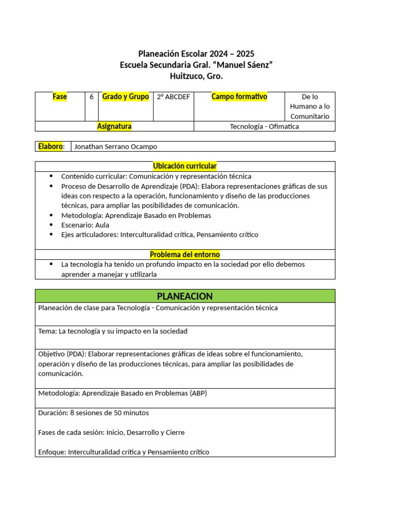 Planeación Escolar 2024 Ofimatica 2 | PDF