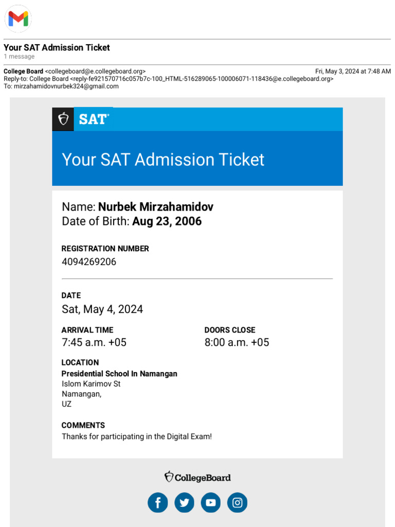 Gmail - Your SAT Admission Ticket | PDF