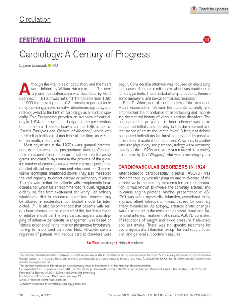 Braunwald 2024 Cardiology A Century of Progress | PDF