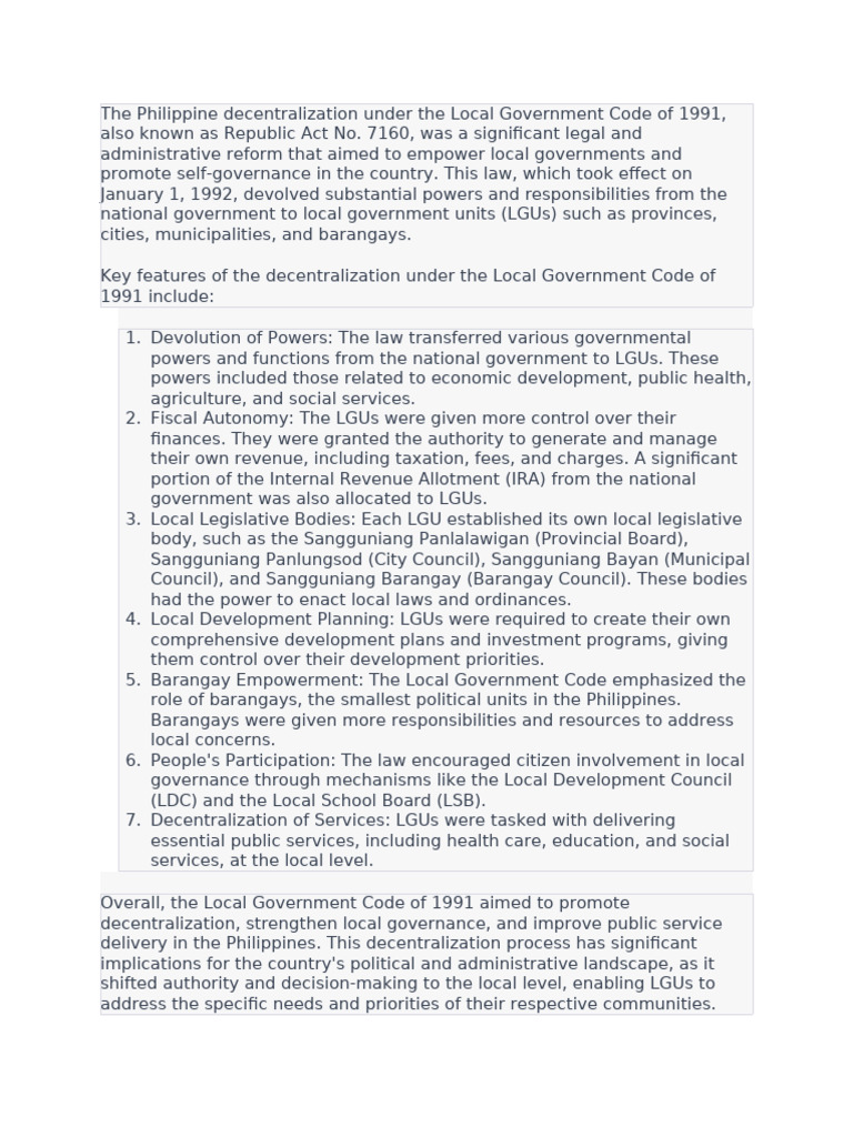 The Philippine Decentralization Under The Local Government Code of 1991 ...