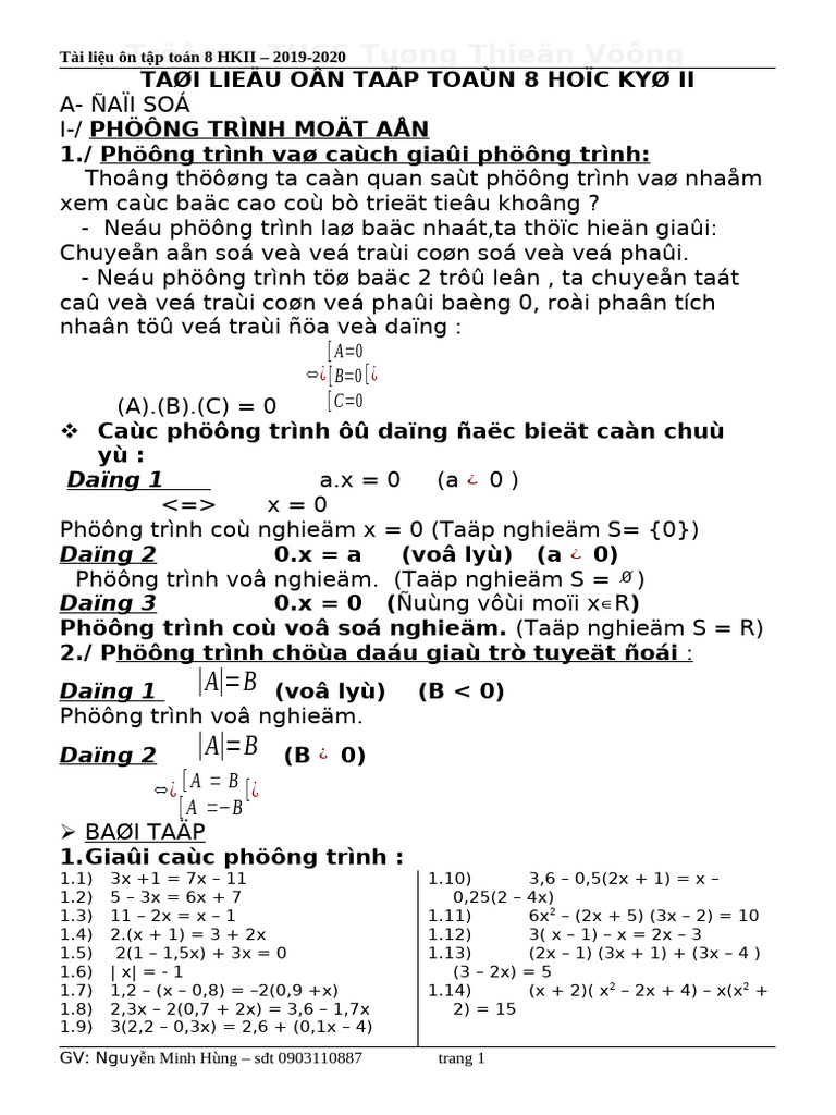 Tài Liệu Ôn Tập Toán 8 Hk2 Năm 2019-2020 | PDF