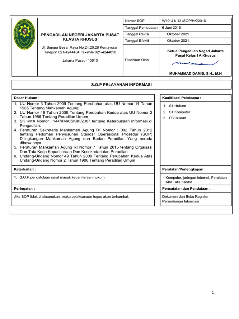 Sop Pelayanan Informasi 2021 | PDF