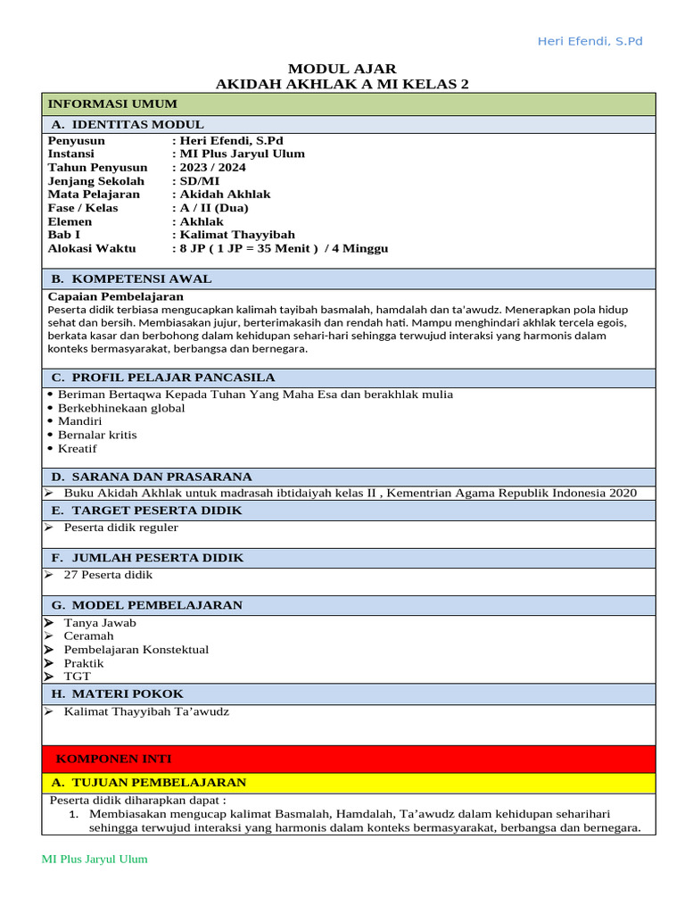 MODUL AJAR Akidah Akhlak Bab 1 | PDF