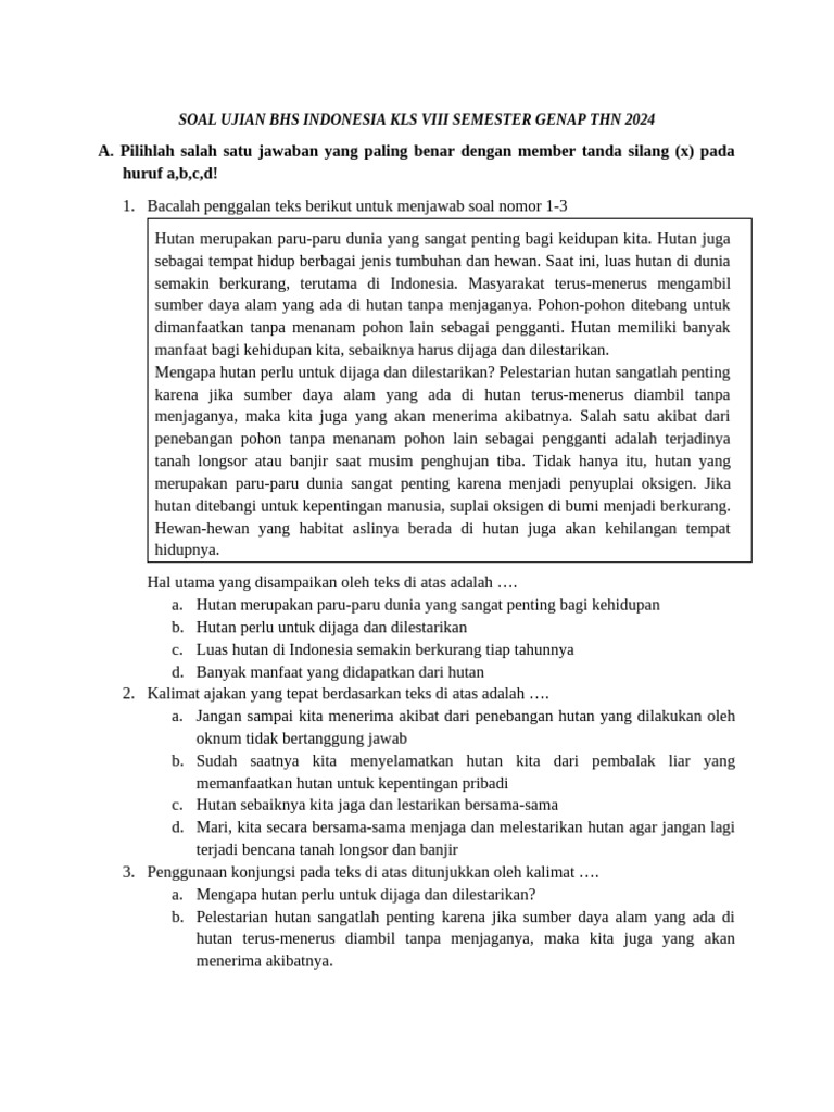 Soal Ujian BHS Indonesia KLS Viii Semester Genap 2024 | PDF