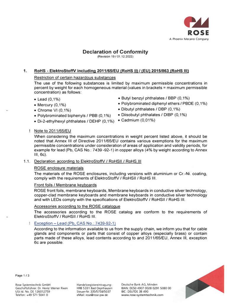 Declaration of Conformity RoHS ROSE | PDF | Chemistry | Occupational ...