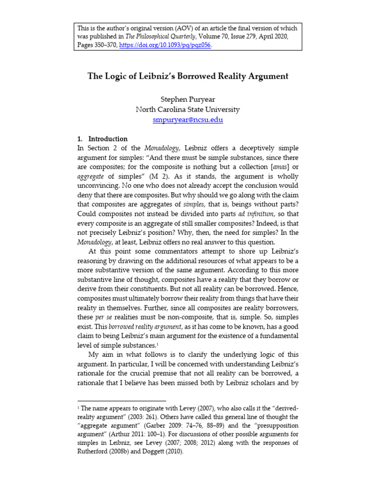 The Logic of Leibniz's Borrowed Reality Argument | PDF