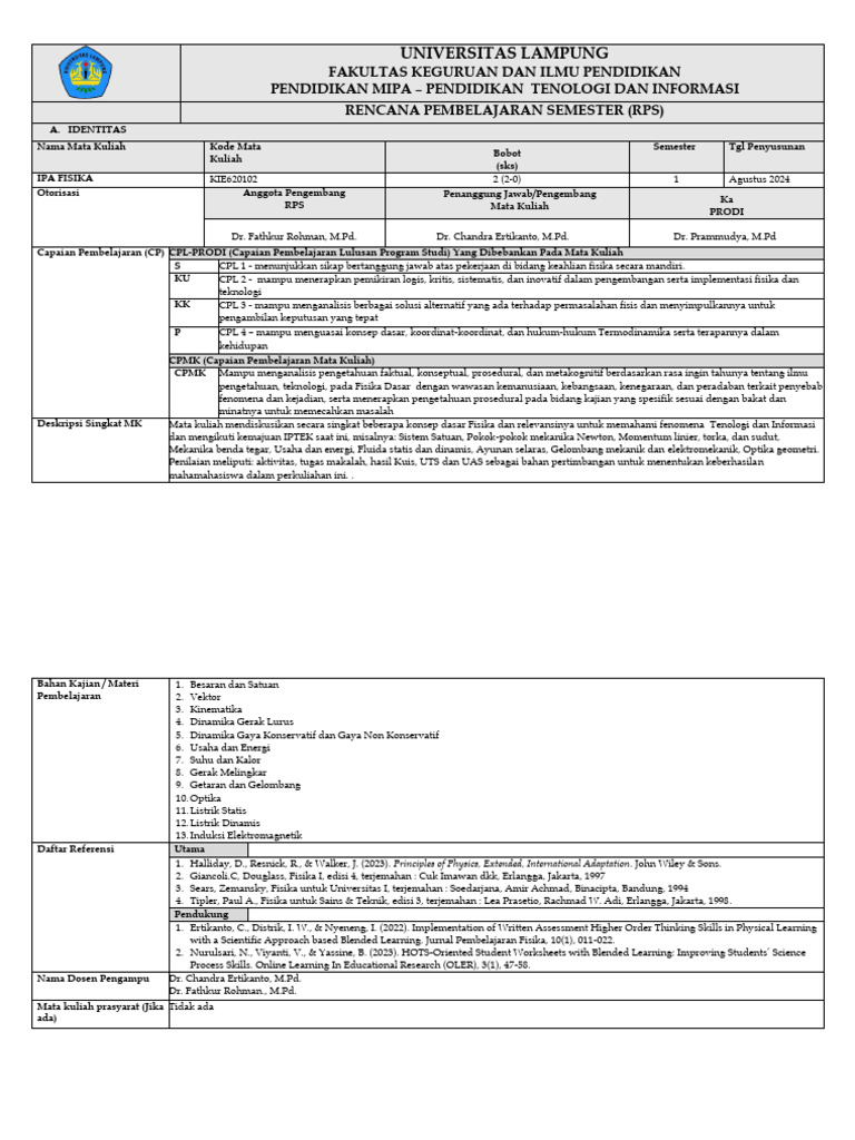 02 Pti Fisika Dasar RPS | PDF
