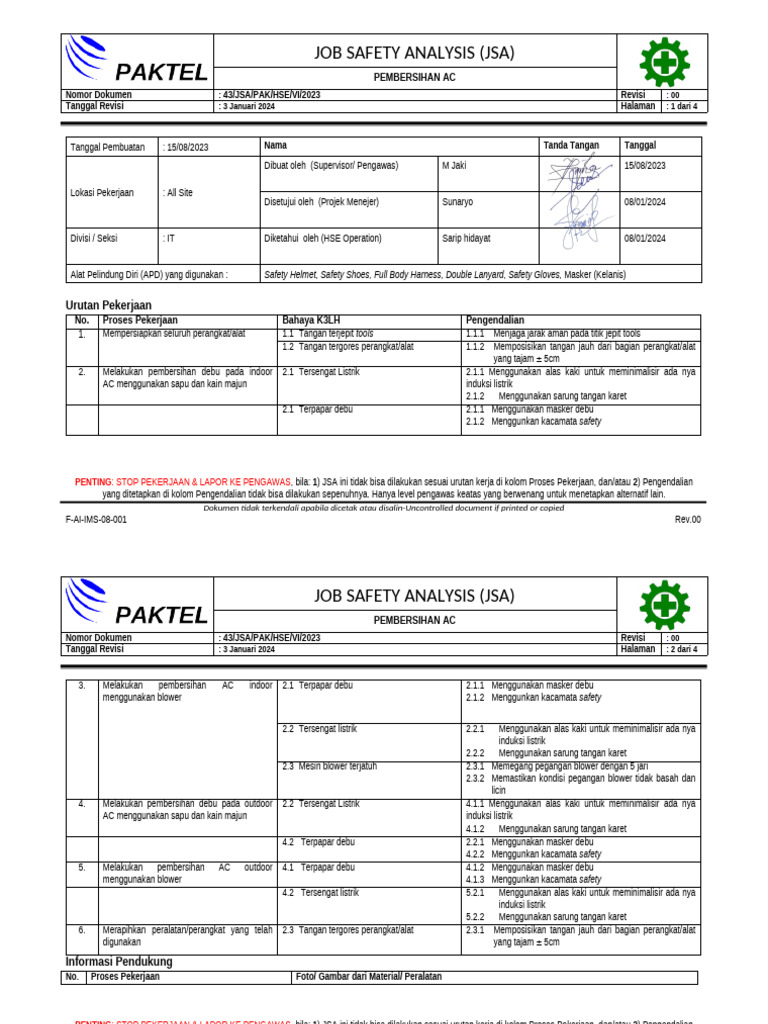 PKT-JSA-HSE-MT-03 Pembersihan AC | PDF
