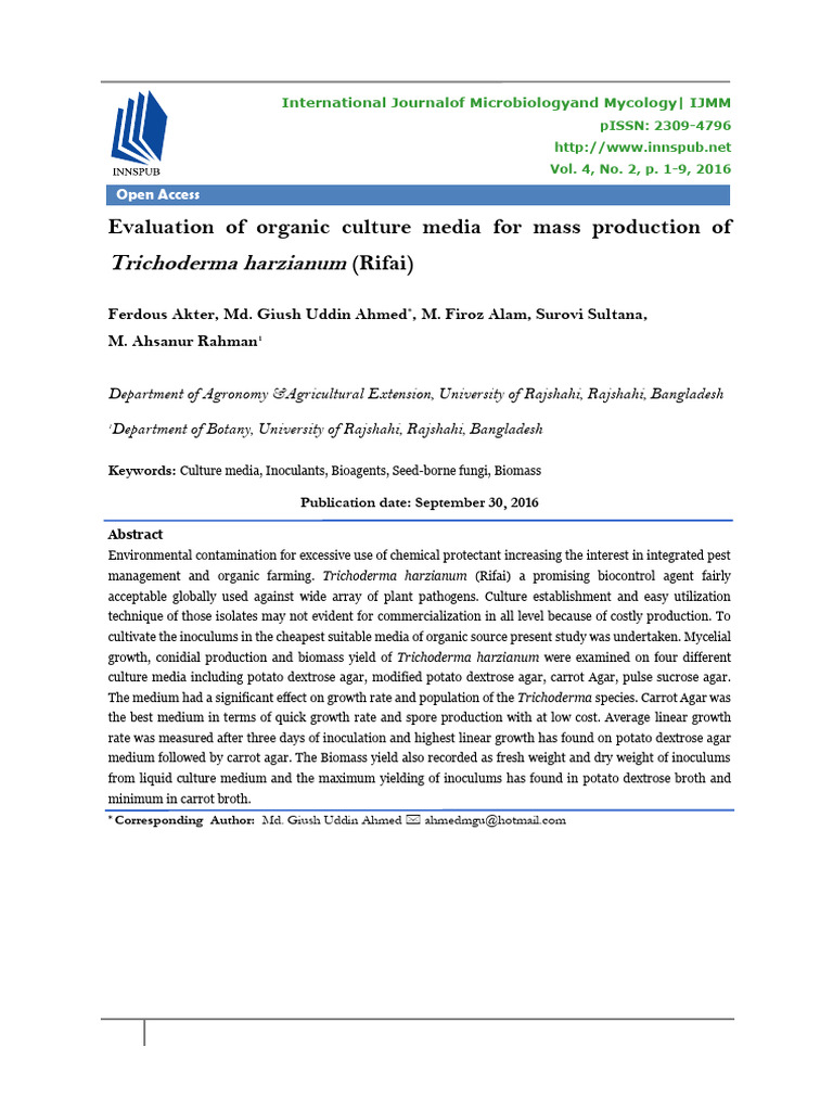 Evaluation of Organic Culture Media For Mass Production of Trichoderma Harzianum (Rifai) | PDF