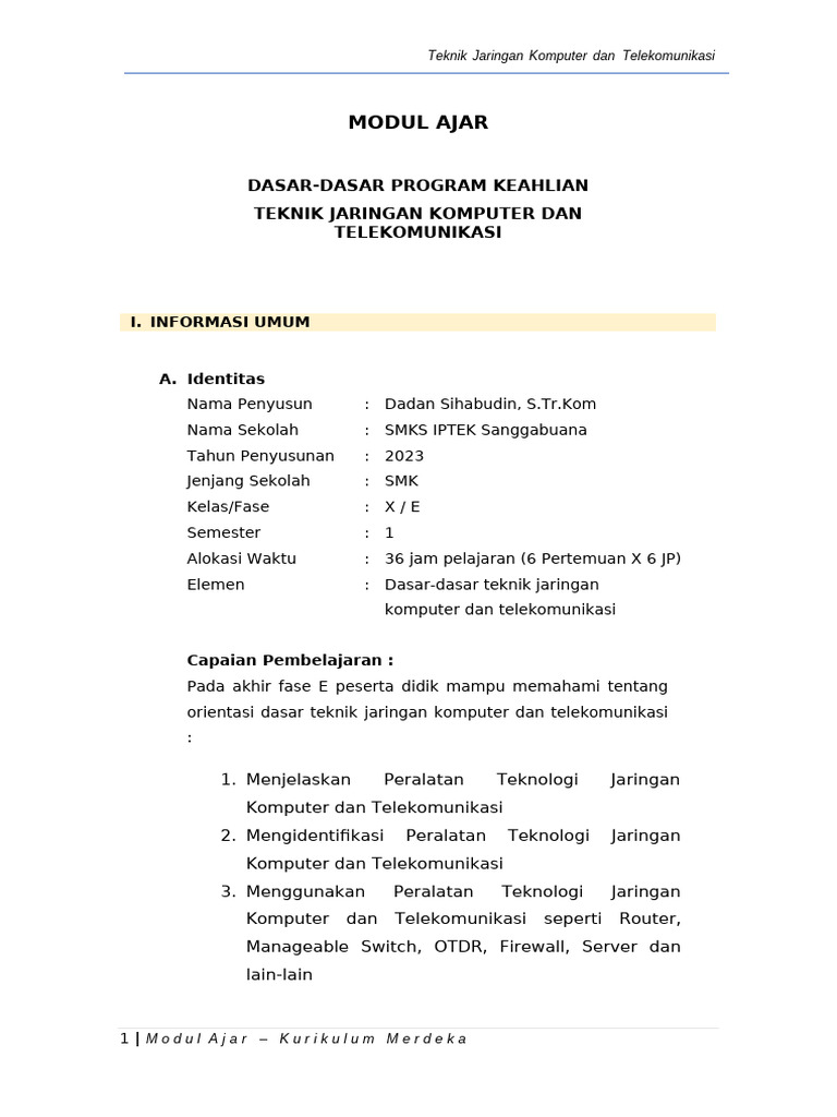 Modul Ajar Dasar TKJ X Fase e Dadan | PDF