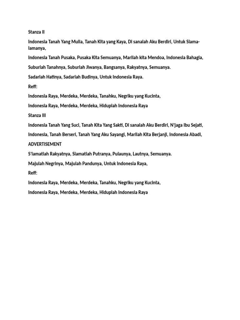 Teks Lirik Indonesia Raya 2 Stanza | PDF