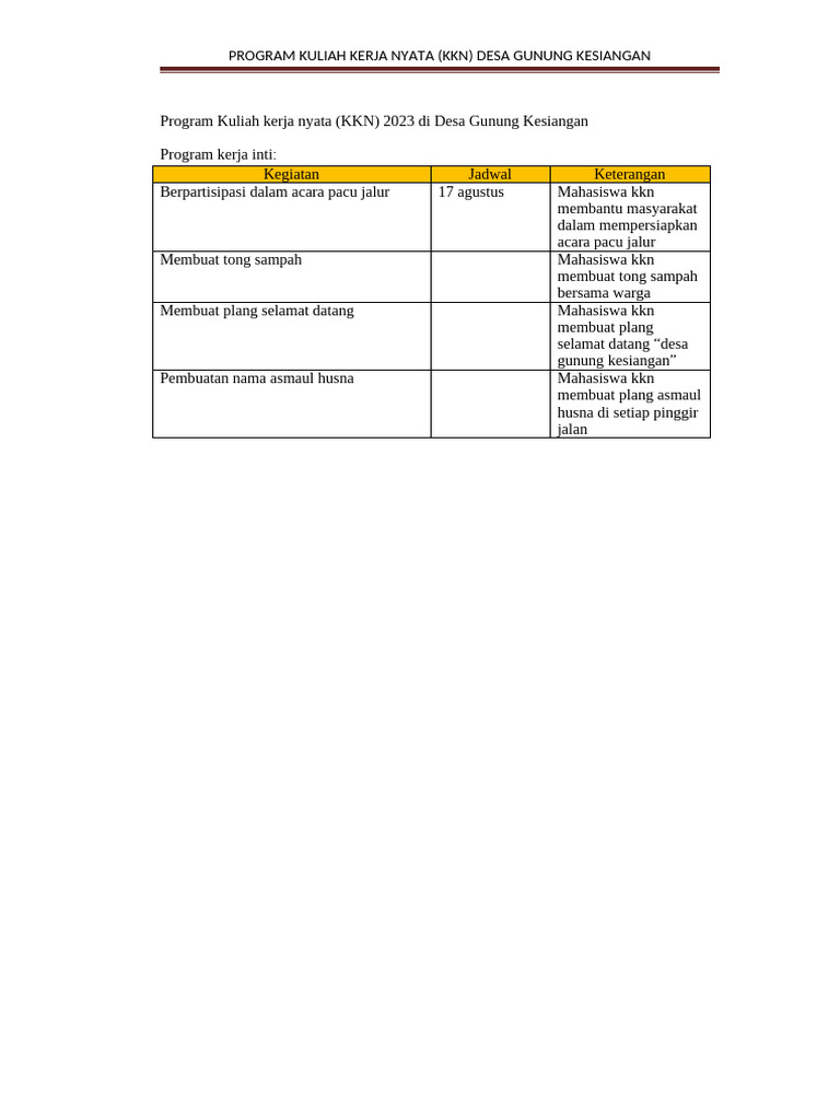 Jadwal Proker KKN | PDF