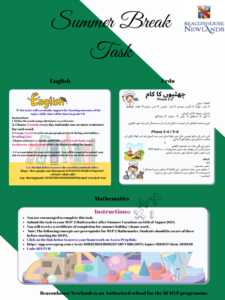 Summer Engagement Task-MYP1 Promoted To MYP 2 | PDF | Cognition | Learning