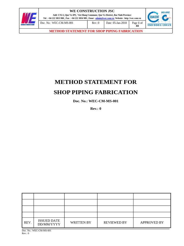 WEC-CM-MS-001 Method Statement For Fabrication of Piping (Finish) | PDF