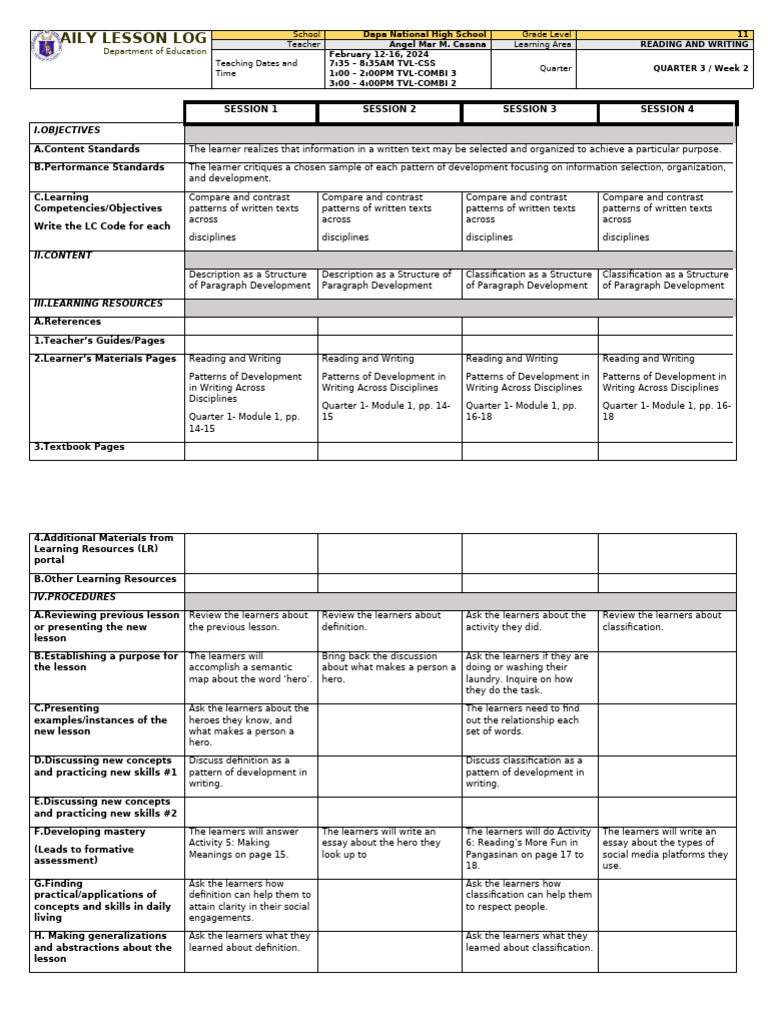 Daily Lesson Log: Department of Education | PDF