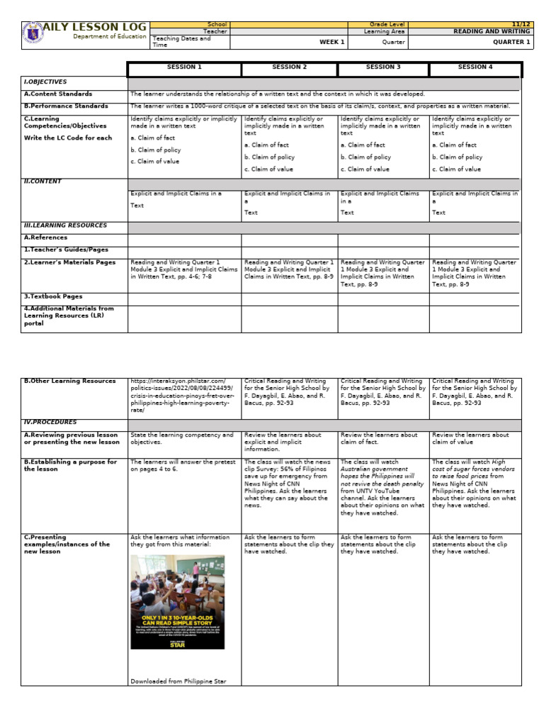 Daily Lesson Log: Department of Education | PDF