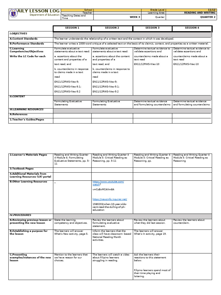 Daily Lesson Log: Department of Education | PDF