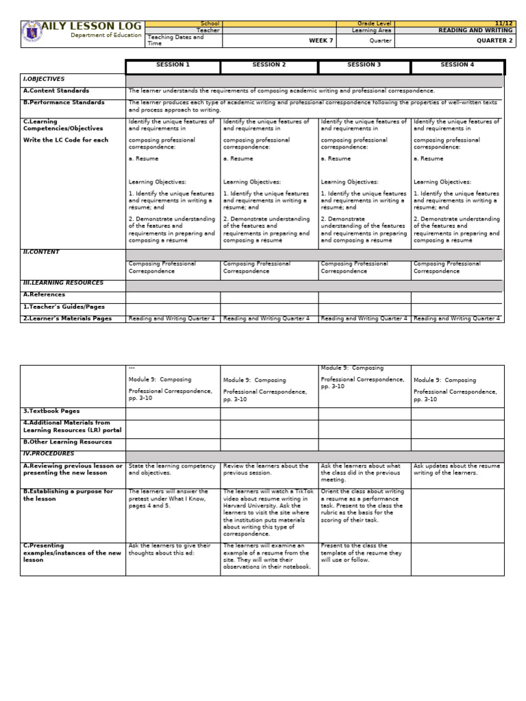 Daily Lesson Log: Department of Education | PDF