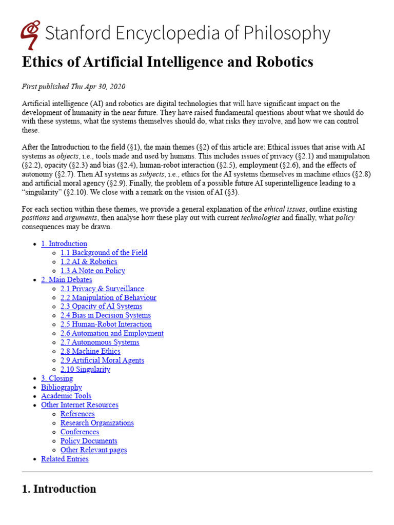 Ethics of Artificial Intelligence and Robotics | PDF