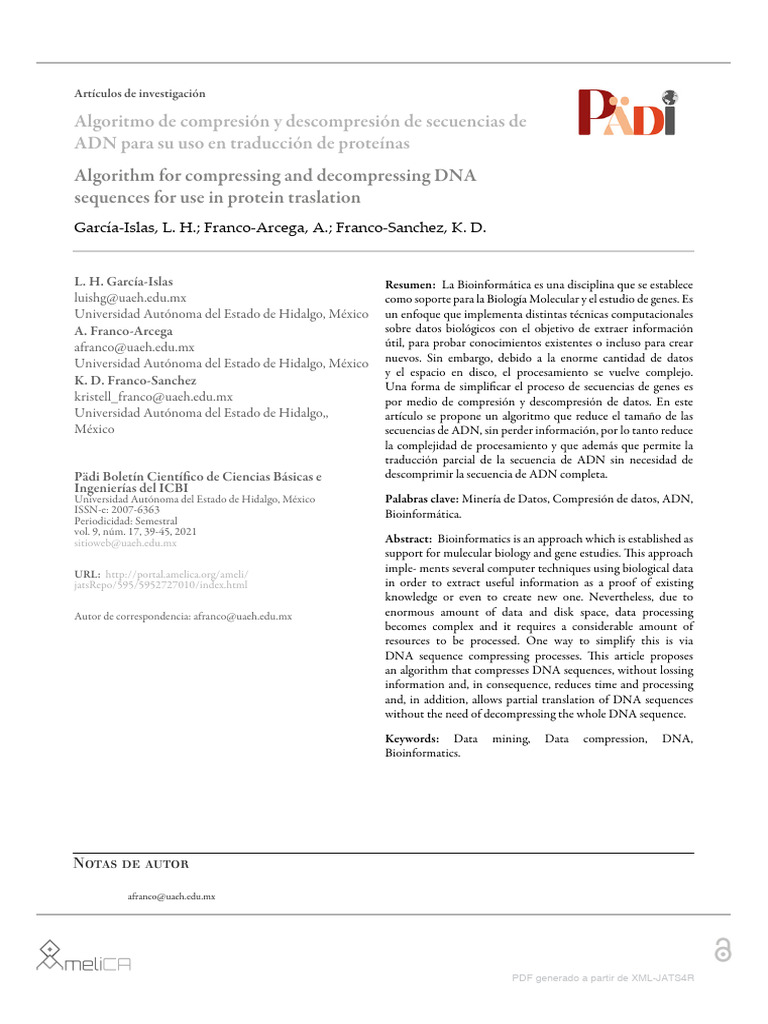 Algorithm For Compressing and Decompressing DNA Sequences For Use in Protein Traslation | PDF