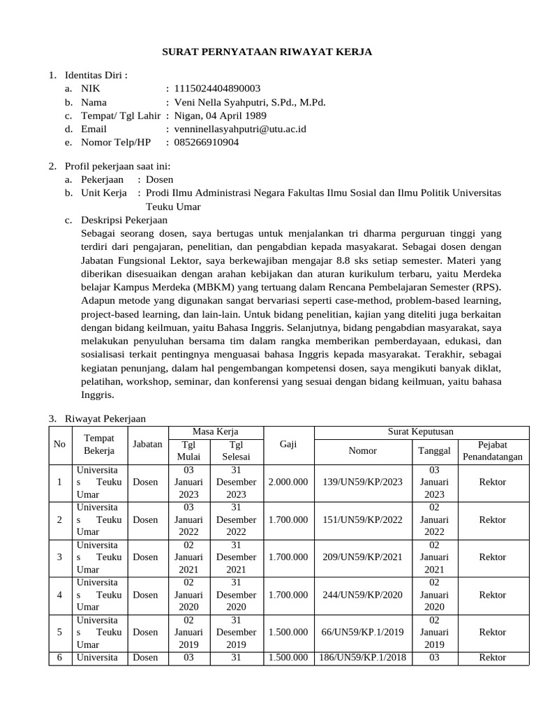 Surat Pernyataan Riwayat Kerja Veni | PDF Surat Pernyataan Riwayat Kerja Veni | PDF