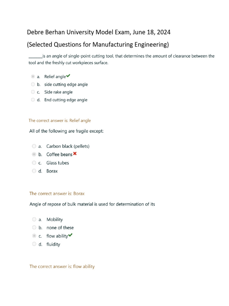 DBU Model Exam Selected Questions For Manufacturing Engineering | PDF