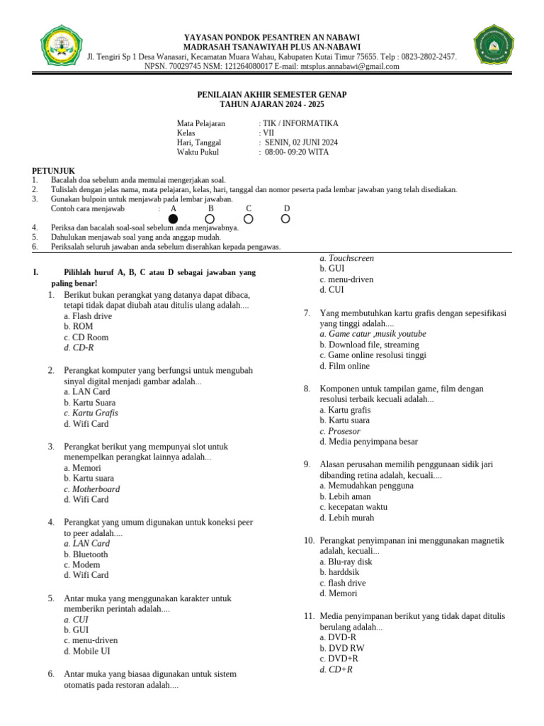 Soal PAT Kelas VII - TIK | PDF