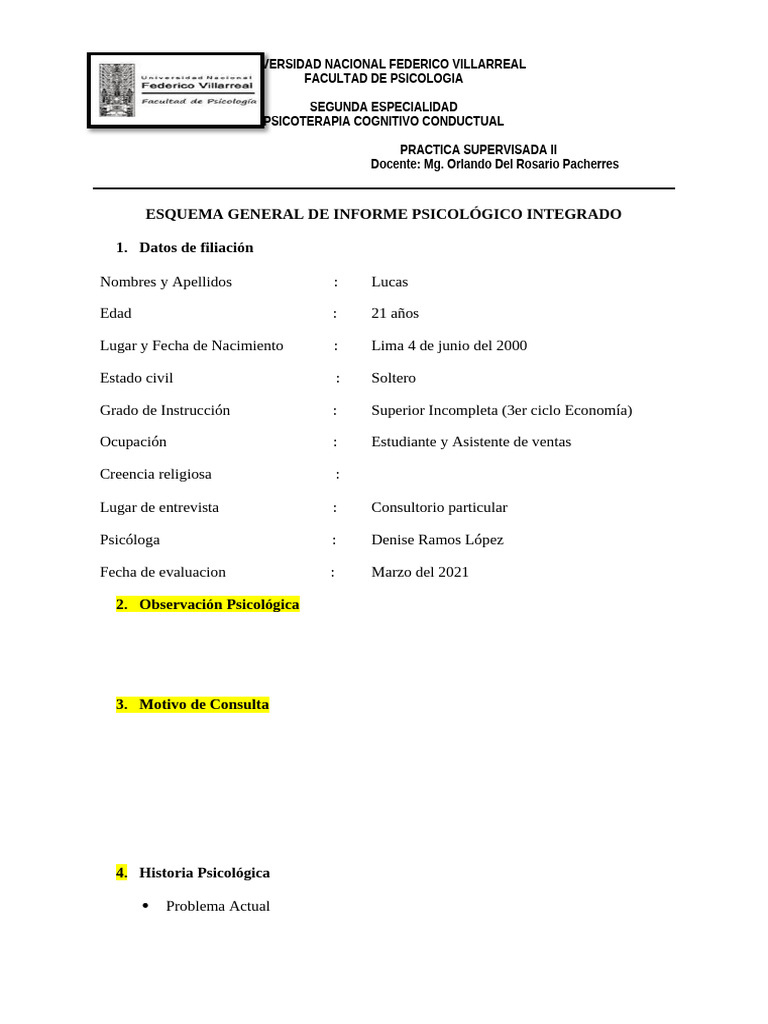 Esquema General - Informe Psicológico Integrado de Un Caso Psicológico | PDF