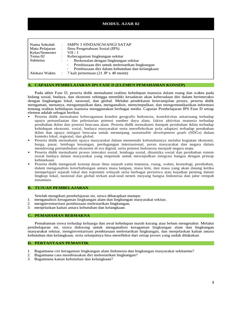 05 Modul Ajar 02 Ips 7 Ikm Smt1 2024-2025 Satap | PDF